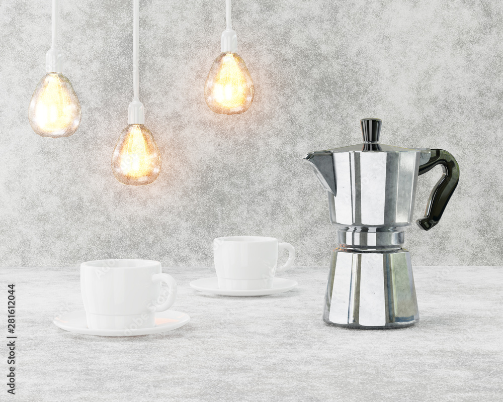 Loft interior. Conceptual cafe with a concrete wall and vintage lamps ...