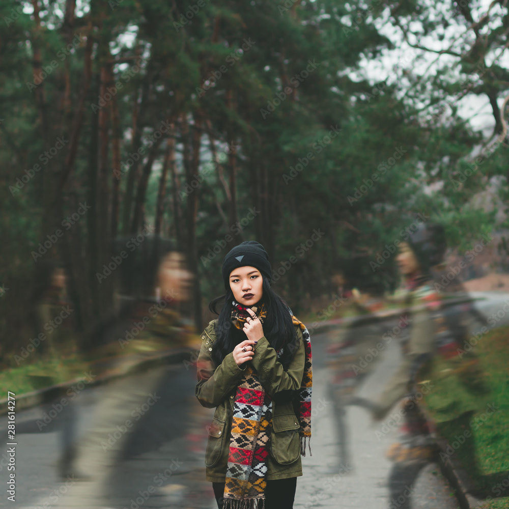 Drama girl standing near where people are in a hurry in different ...