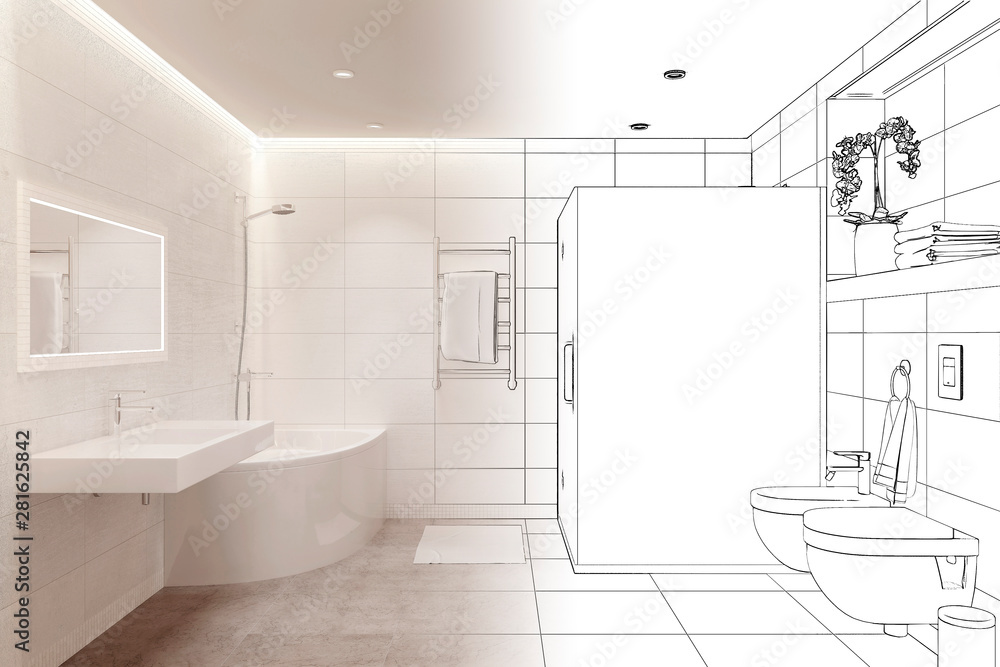 3d illustration. Drawing sketch of white shower room turns into a real ...