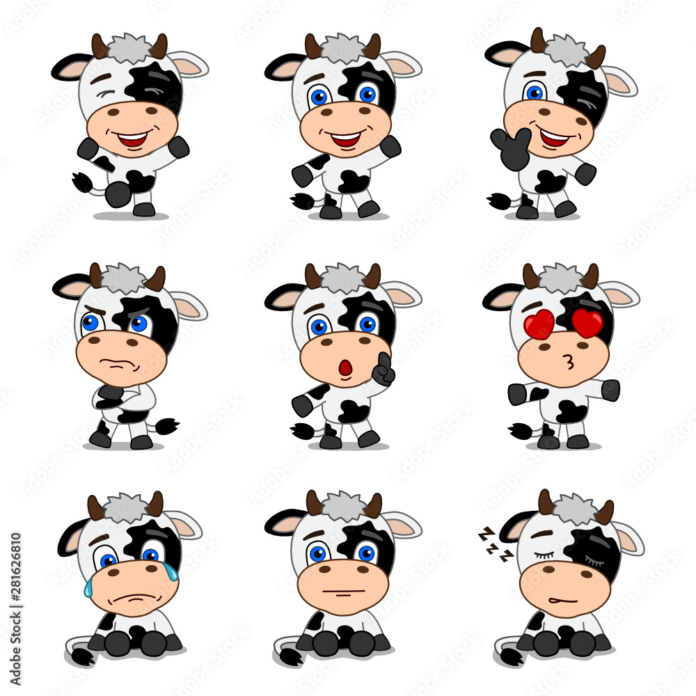 Collection of funny cow in cartoon style in different poses and ...