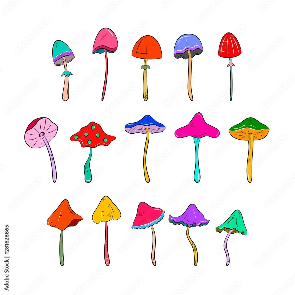 Colorful mushrooms set icons. Cartoon vector illustration ...