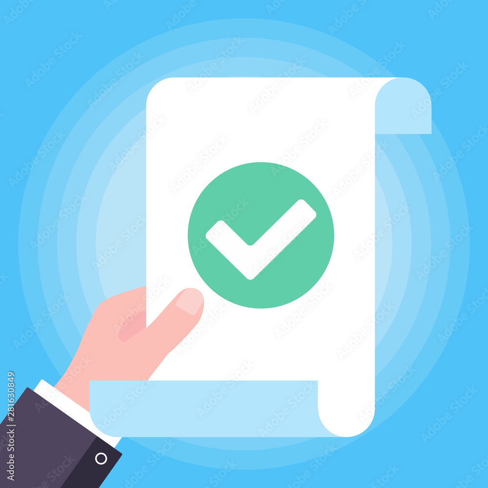 Hand hold paper sheet page with claim form, check mark tick, text icon ...