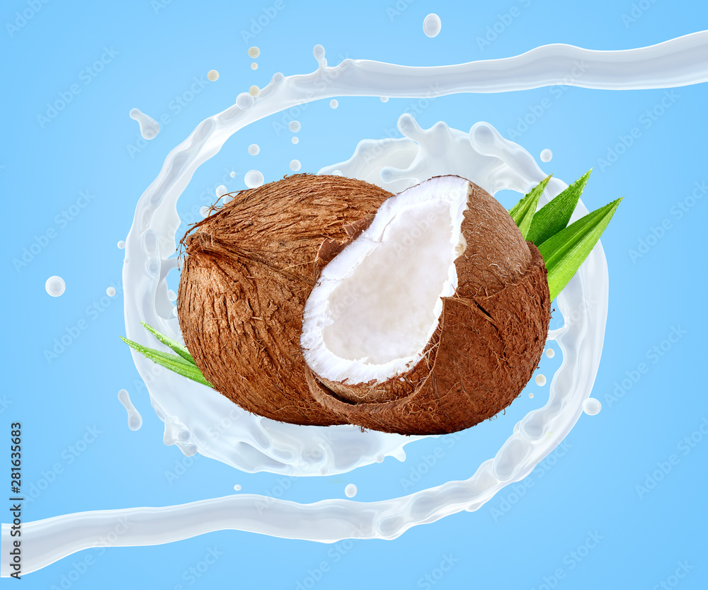 Fresh coconut milk wave 3D splash with coconuts isolated. Glossy ...