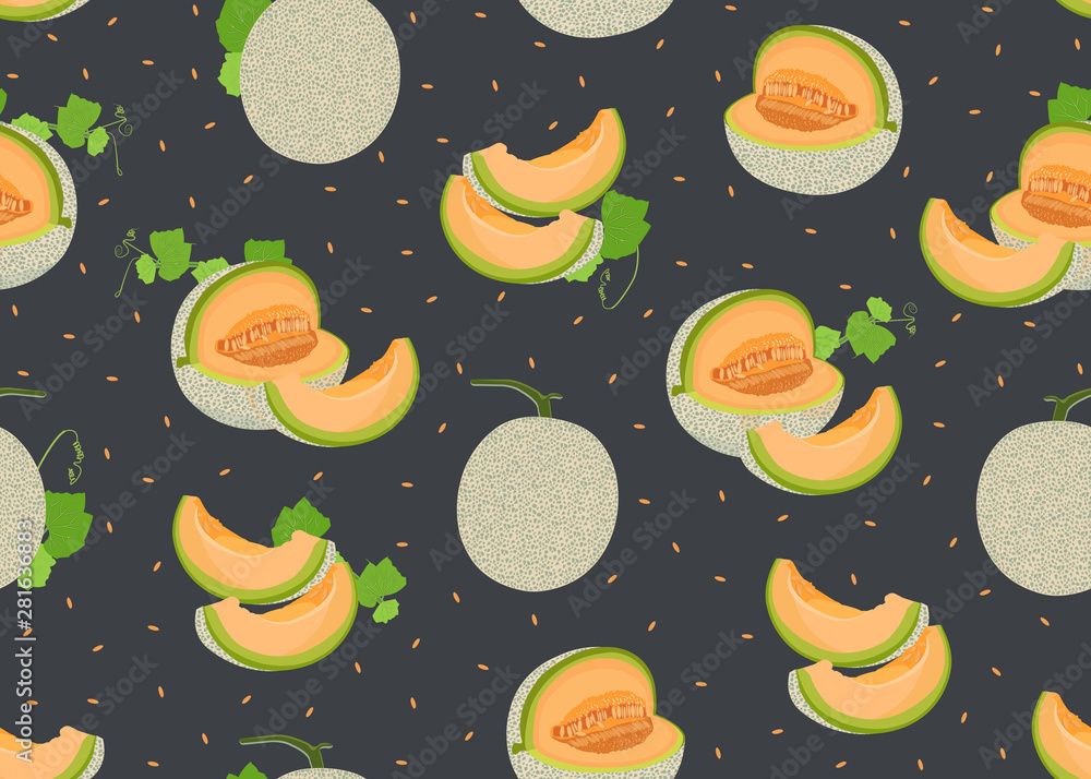 Melon whole and slice seamless pattern on black background with seed ...