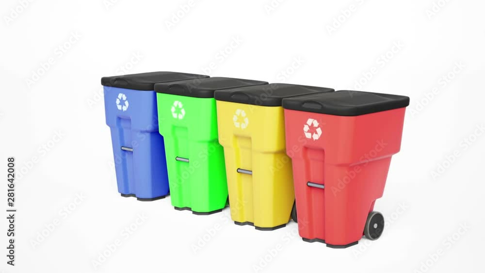 Four colorful plastic garbage bins with recycling logo. Isolated on ...
