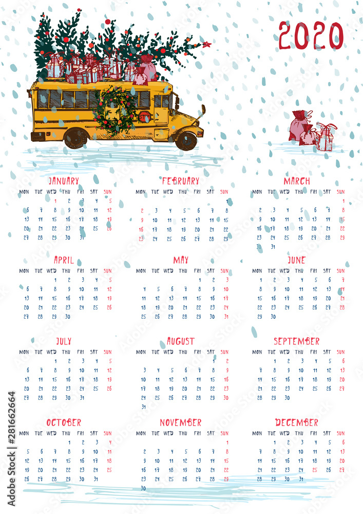 2020 Calendar planner with yellow school bus, new year tree and ...