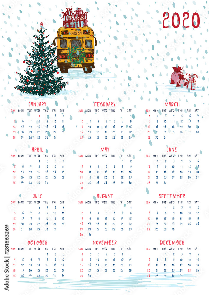 2020 Calendar planner with yellow school bus, new year tree and ...