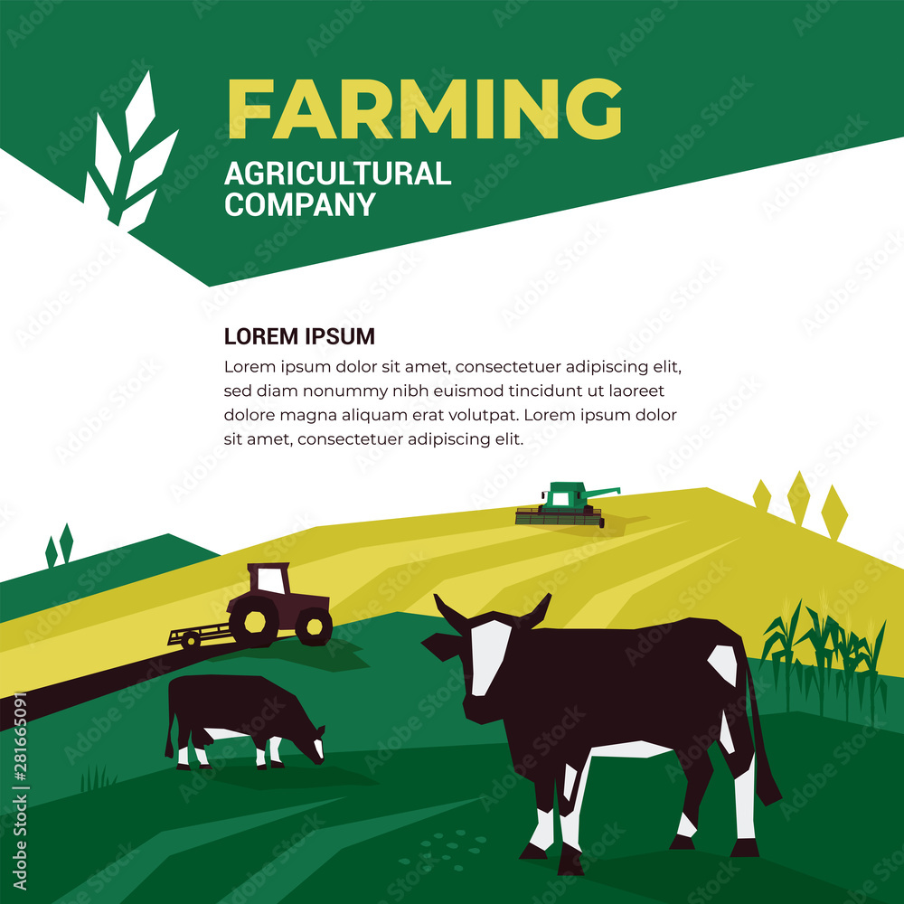 Vector illustration of farming with tractor, combine harvester, cows in ...