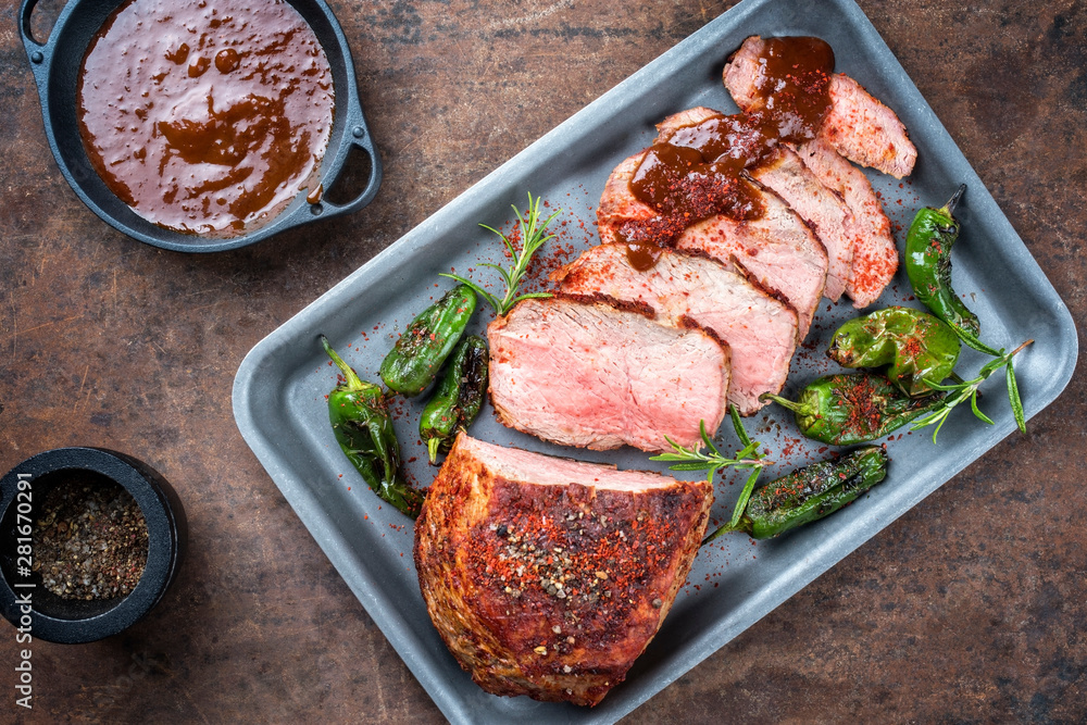 Barbecue dry aged veal roast steak sliced with vegetable, green chili ...