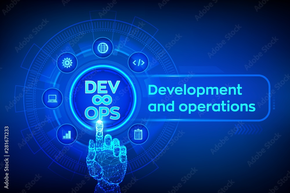 Devops. Agile development and optimisation concept on virtual screen ...