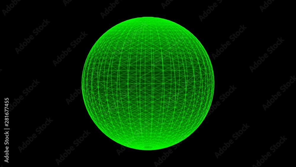 Plexus style rotate sphere animation. Green dots and lines on the dark ...