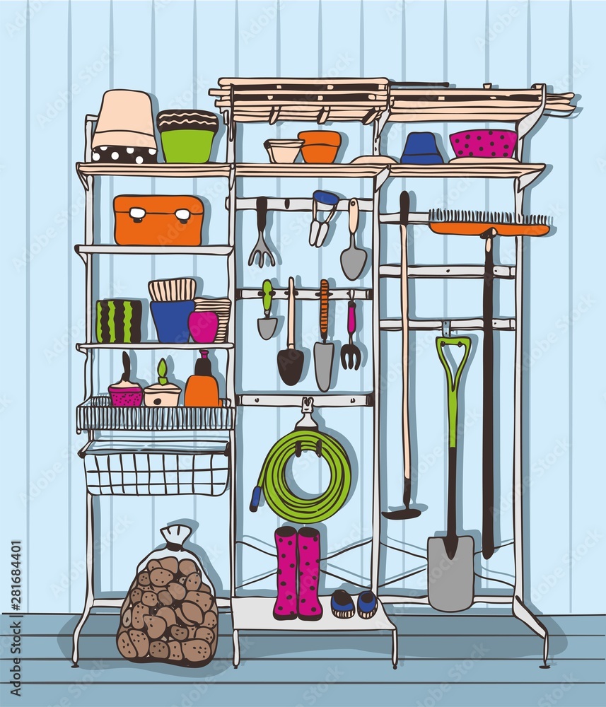 Outline drawing garden tools on a shelving in a barn, shovels, rakes ...