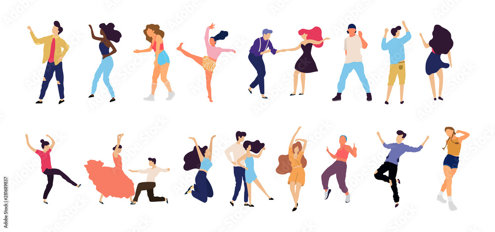 Crowd of young people dancing at club. Big set of characters having fun ...