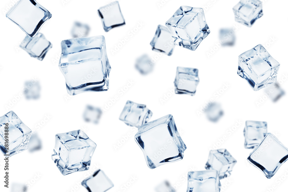 Falling ice cube, isolated on white background, selective focus Stock ...