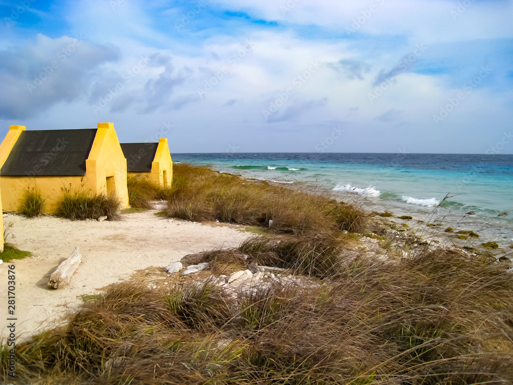 Slave huts built on the southwest coast of Bonaire in the 1850s near ...