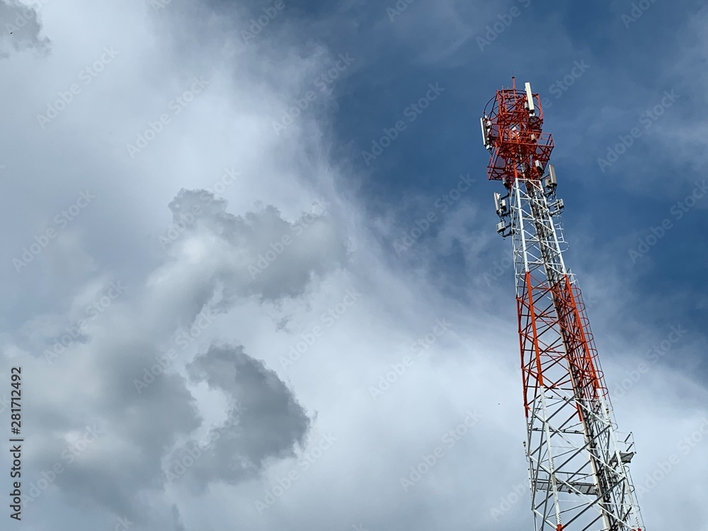 white and red electric pole, electricity transmission line to house ...