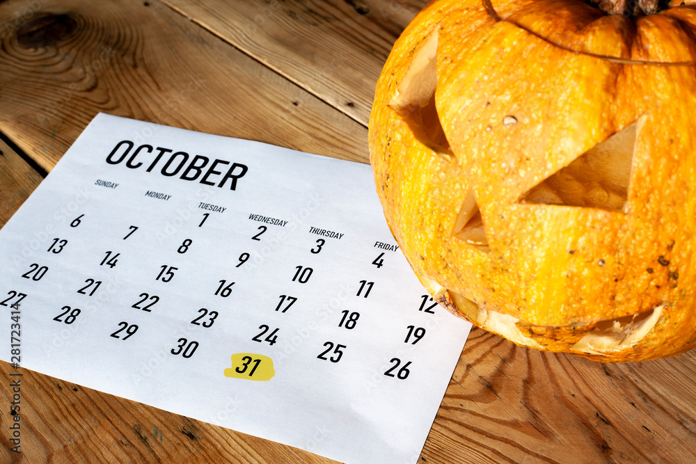Halloween concept. October calendar with Halloween day highlighted and ...