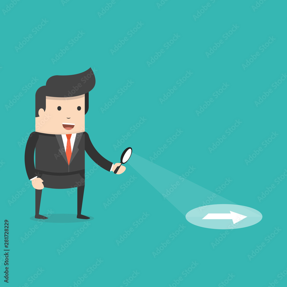 Businessman searching through a magnifying glass. Searching, details ...