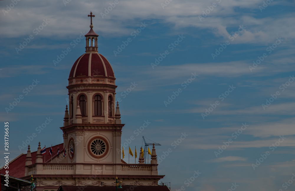 Beautiful crimson dome of Santa Cruz Church towers. Santa Cruz Church ...