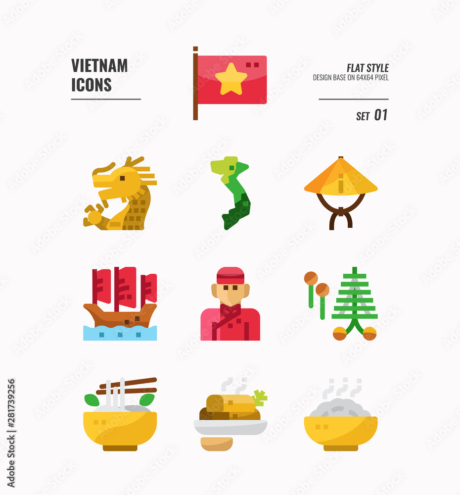 Vietnam icon set 1. Include flag, landmark, people, food and more. Flat ...