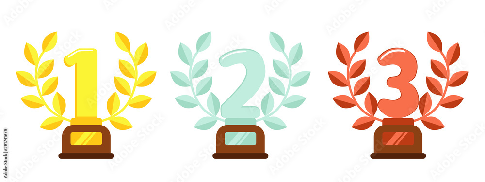 Prize trophies. Golden first place cup award, silver laurel wreath and ...