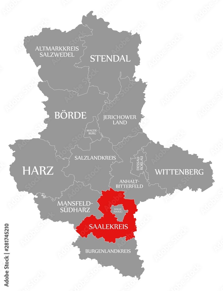 Saalekreis red highlighted in map of Saxony Anhalt Germany DE ...