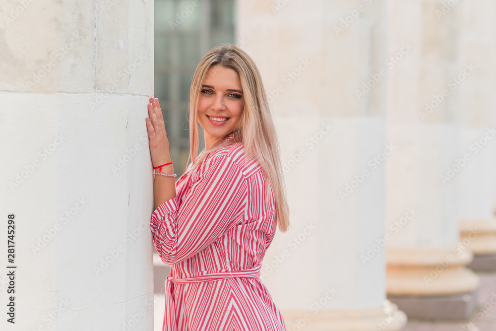 Nice american girl from next door in cotton dress walk in central park ...