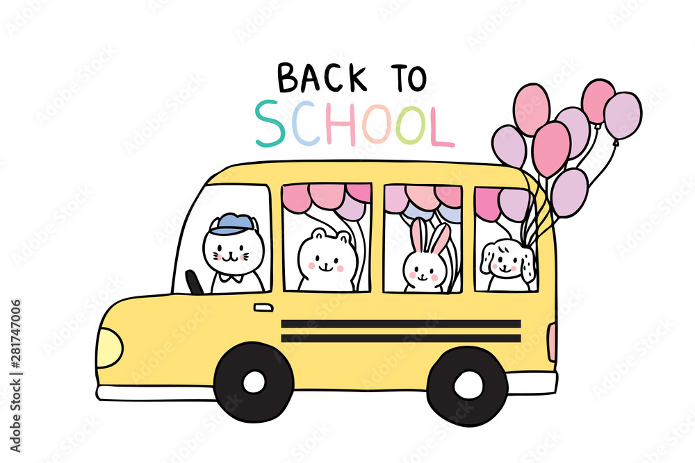 Cartoon cute back to school animals and school bus vector. Stock Vector ...