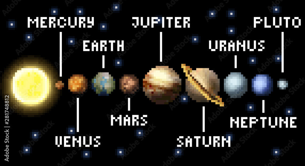 The Solar system in a retro 8 bit arcade video game pixel art style ...