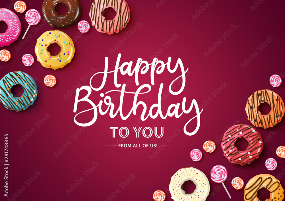 Happy birthday vector typography with donuts. Happy birthday text with ...