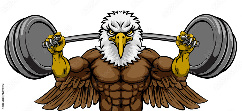 An eagle animal body builder sports mascot weight lifting a barbell ...