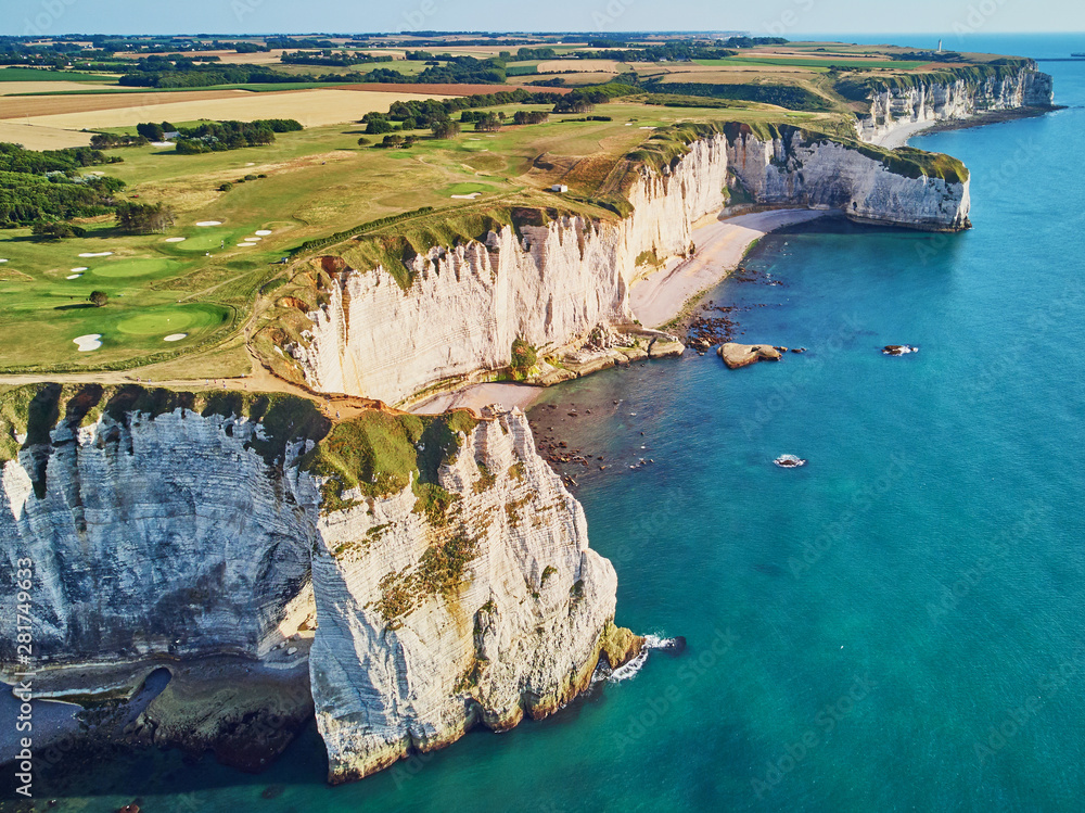 Picturesque landscape of white chalk cliffs and natural arches of ...