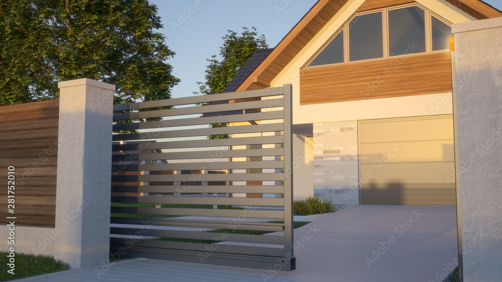Automatic Sliding Gate and house, 3d illustration Stock Illustration ...