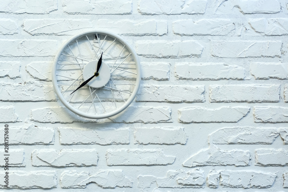 Clock in white brick wall. Background. Texture. Brick. Stock Photo ...