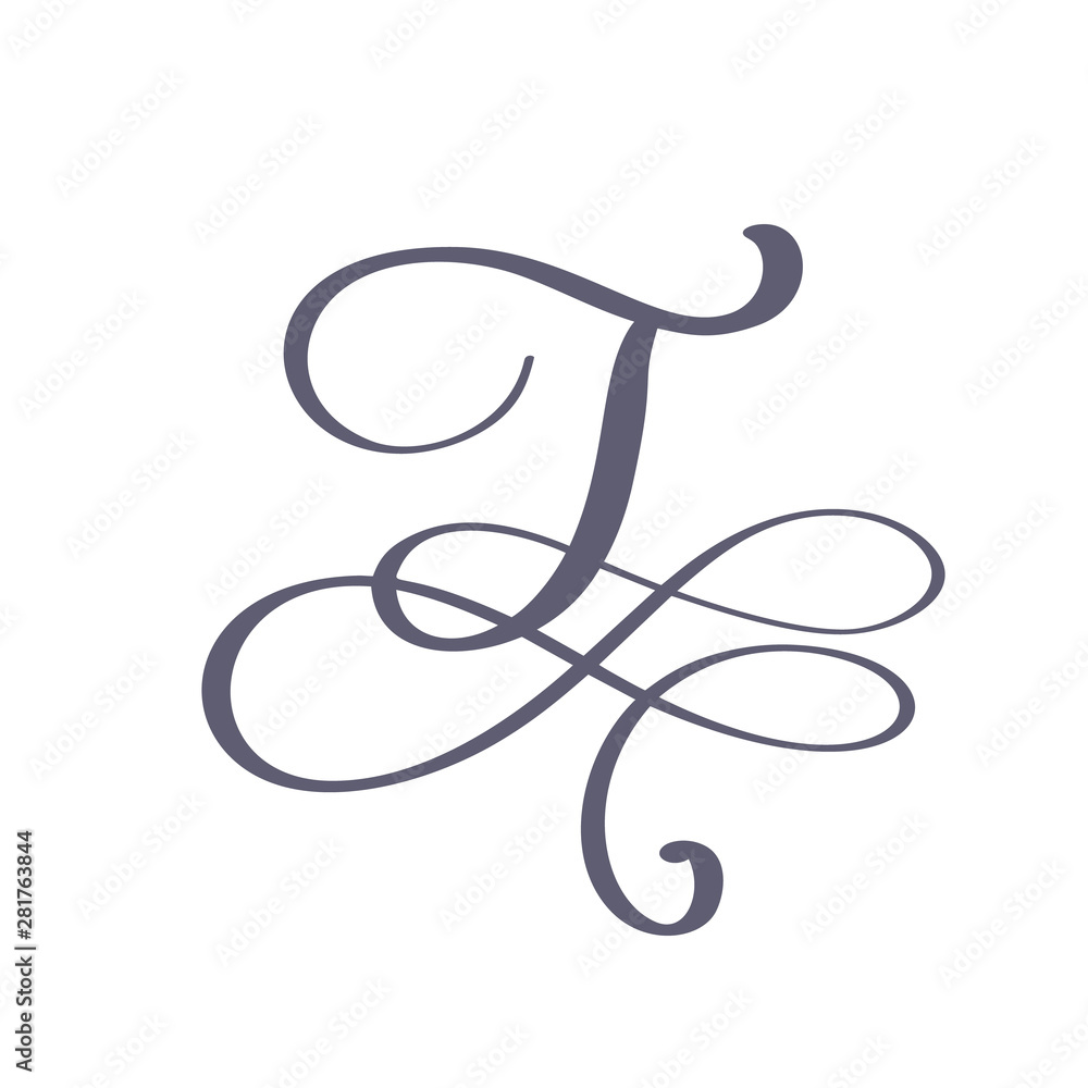 Vector Hand Drawn calligraphic floral T monogram or logo. Uppercase ...
