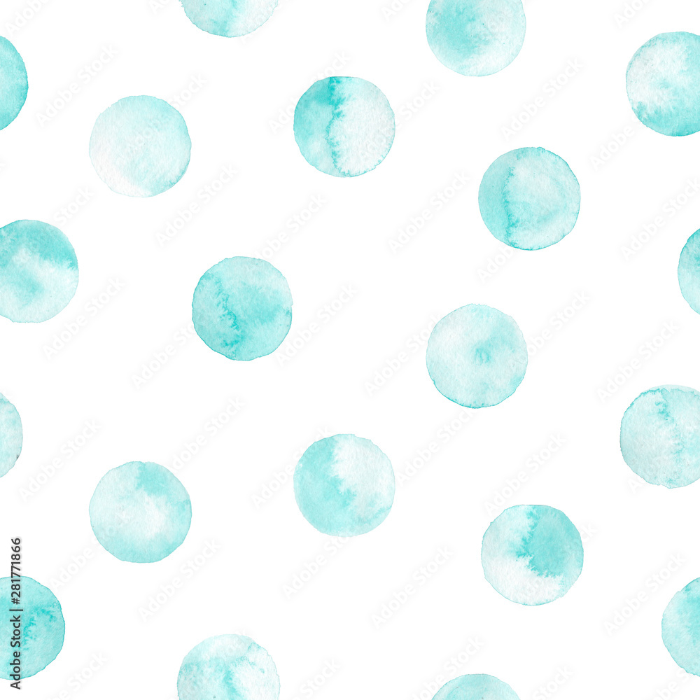Seamless turquoise polka dot pattern isolated on white. Watercolor ...