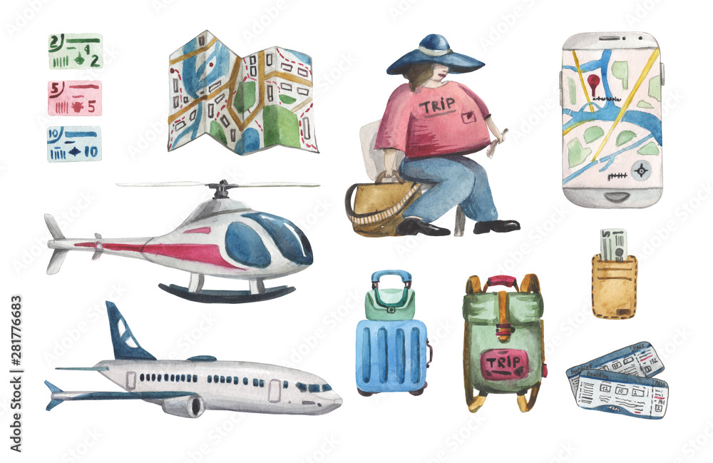 Cartoon watercolor travel set. Girl in wide-brimmed hat, suitcase, hand ...