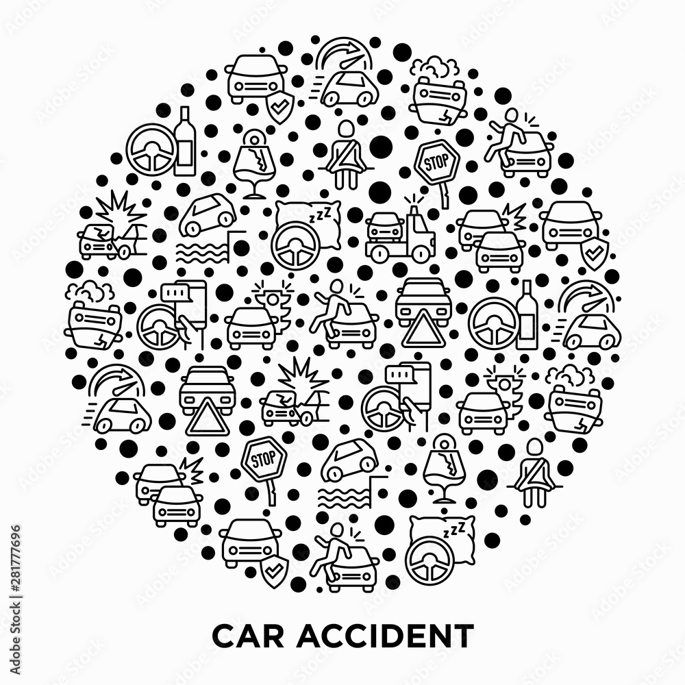 Car accident concept in circle with thin line icons: crashed cars, tow ...