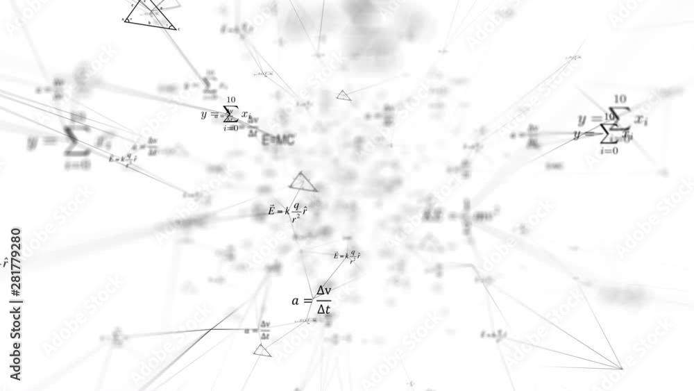 Plexus of lines and formulas on a white background, free flight ...