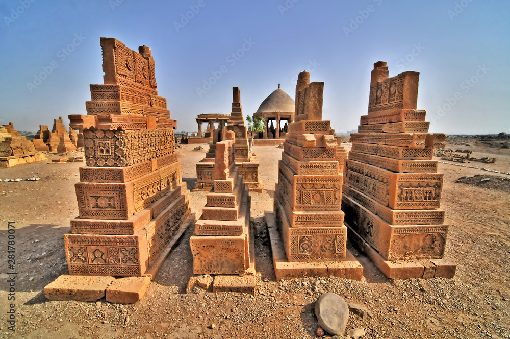 The Chaukhandi tombs - cemetery east of Karachi, in the Sindh province ...