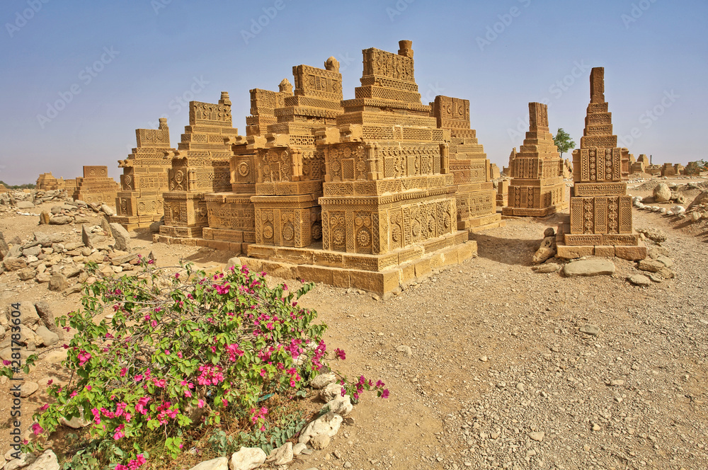 The Chaukhandi tombs - cemetery east of Karachi, in the Sindh province ...