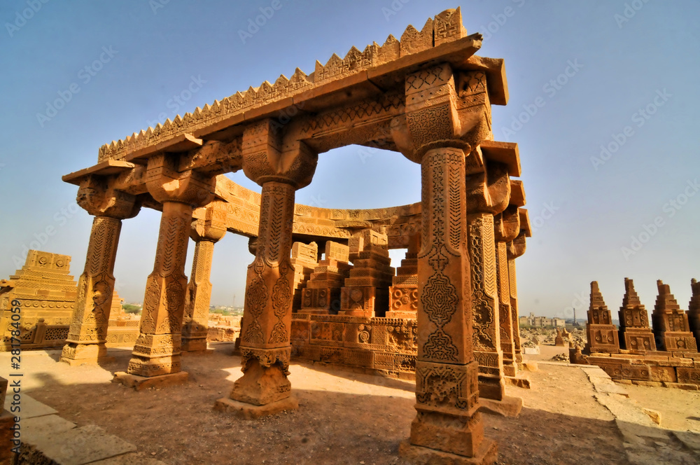 The Chaukhandi tombs - cemetery east of Karachi, in the Sindh province ...