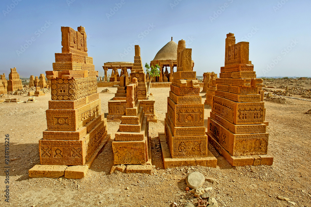 The Chaukhandi tombs - cemetery east of Karachi, in the Sindh province ...