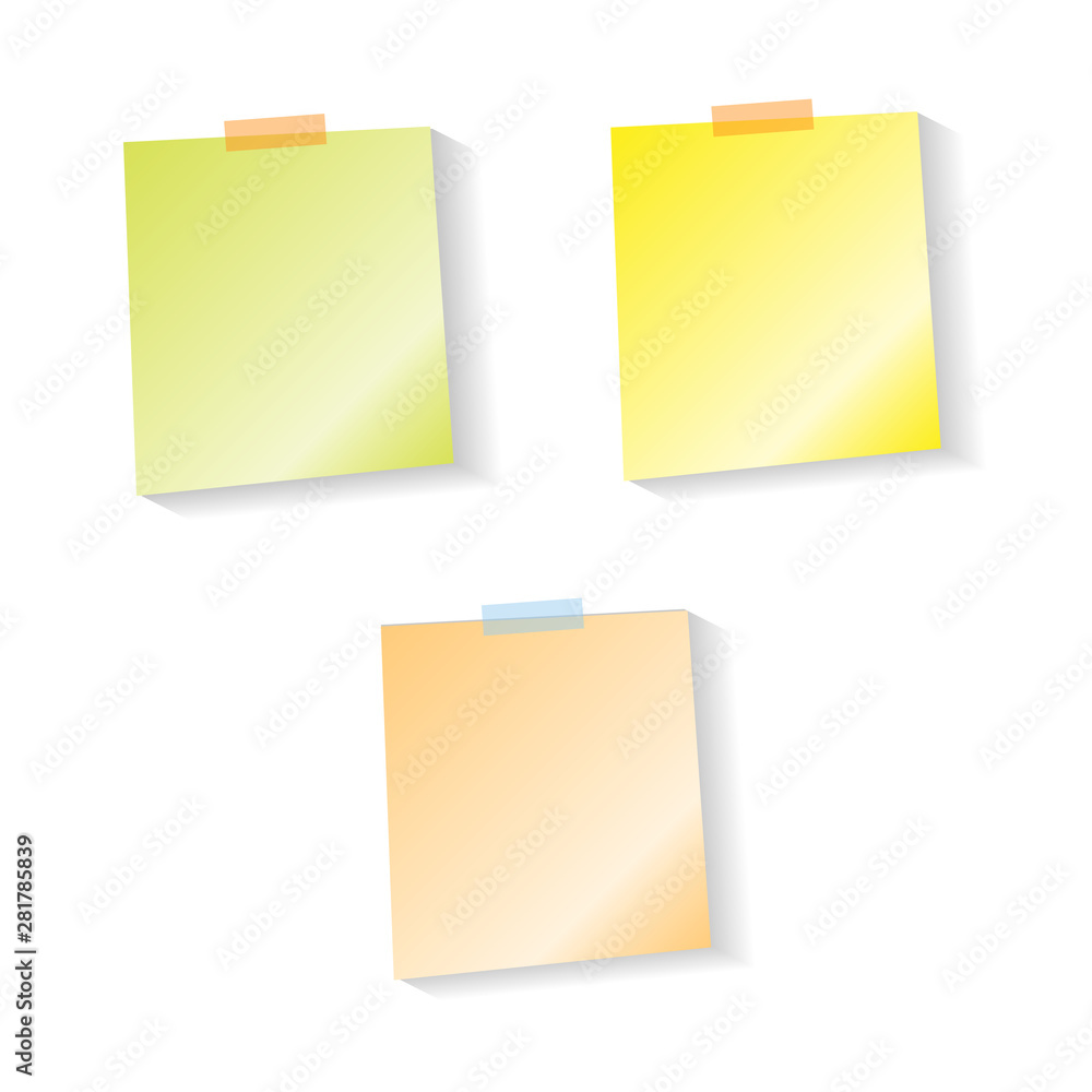 Yellow, orange and green notes with shadow, pinned adhesive tape, ready ...