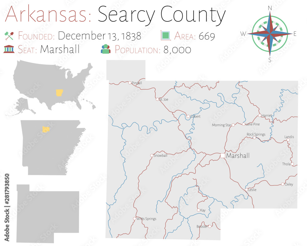 Large and detailed map of Searcy county in Arkansas, USA Stock Vector ...