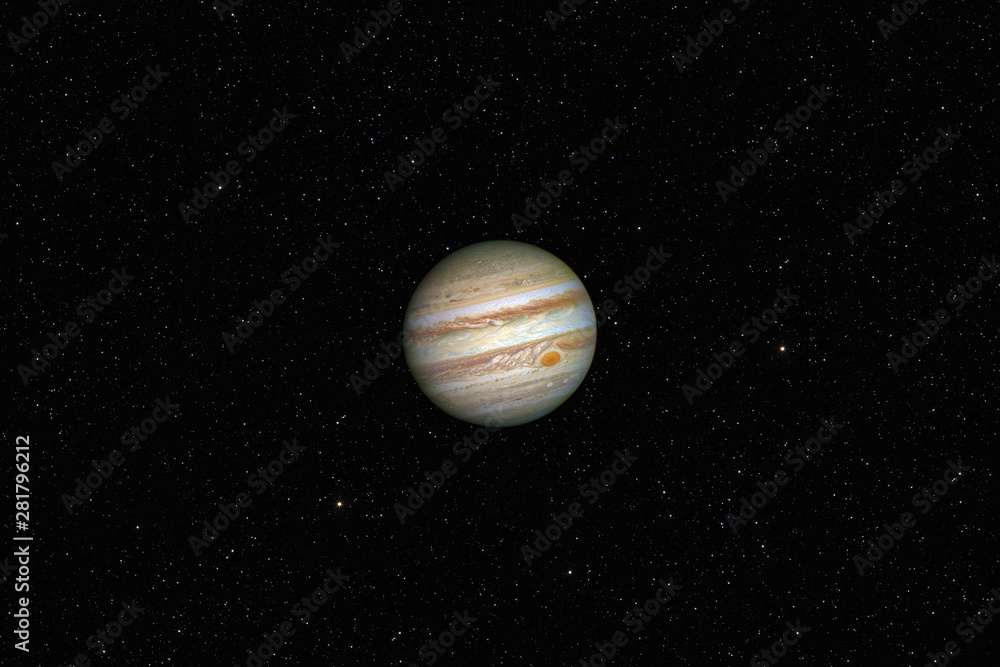 Planet Jupiter against dark starry sky background in Solar System ...