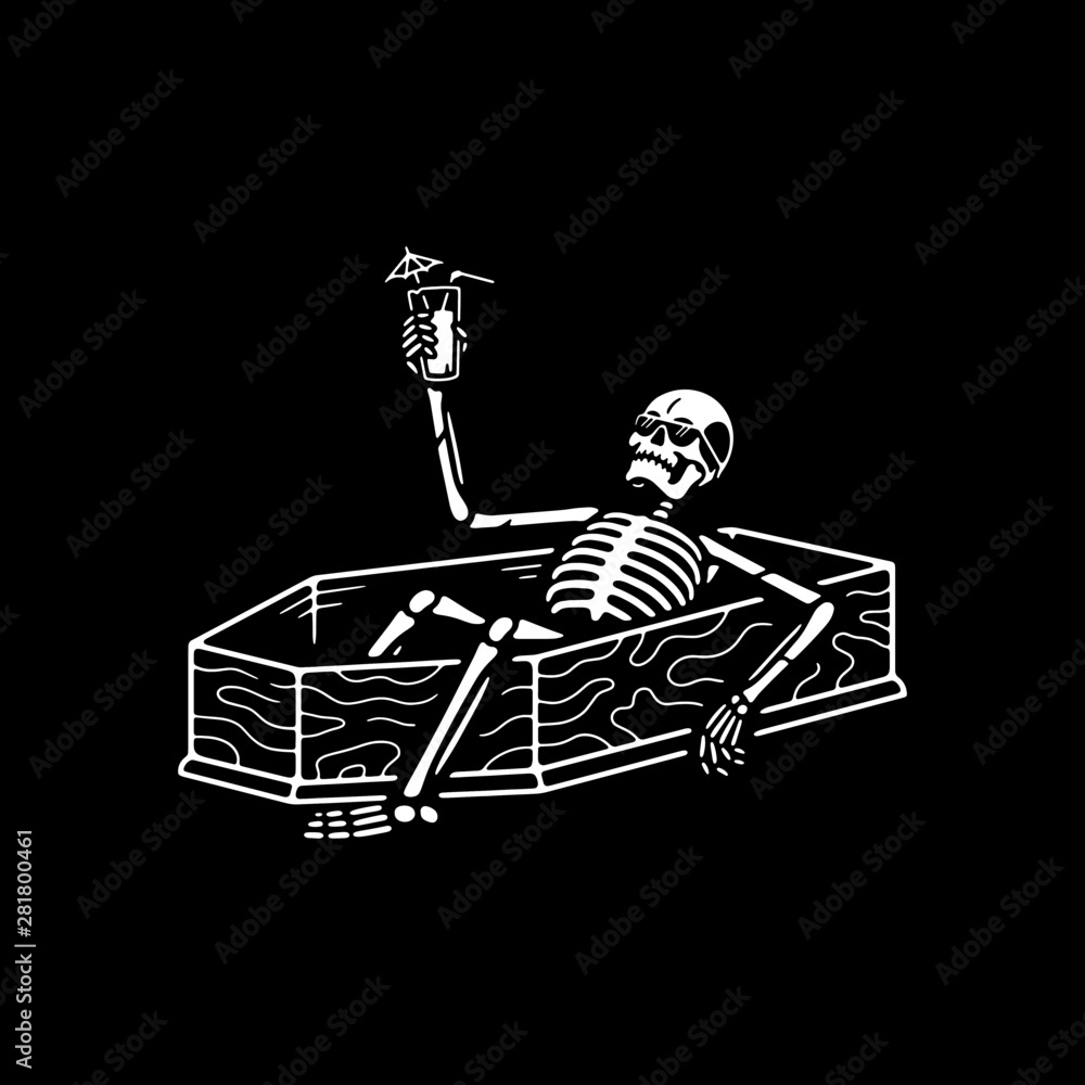 RESTING SKELETON WITH COCKTAIL IN A COFFIN WHITE BLACK BACKGROUND Stock ...