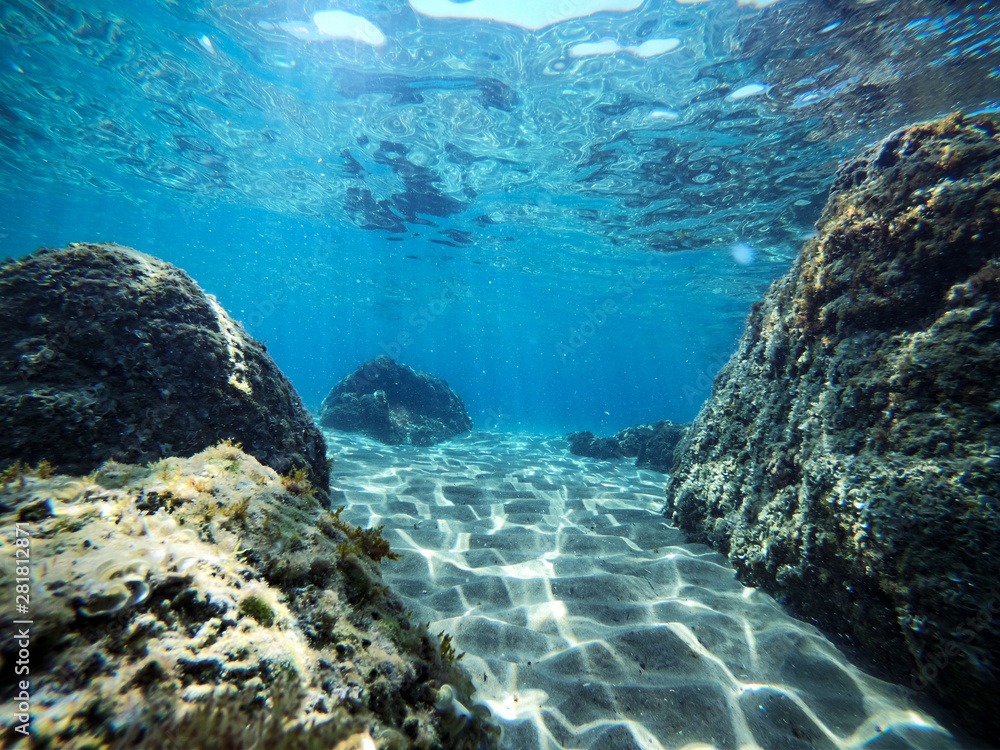 Underwater background with ocean water. At the bottom of the sea. Stock ...