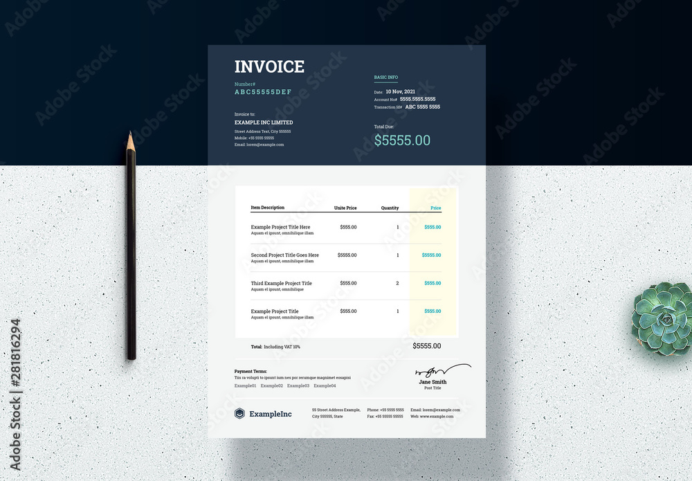 Invoice Layout with Dark Blue Header Stock Template | Adobe Stock