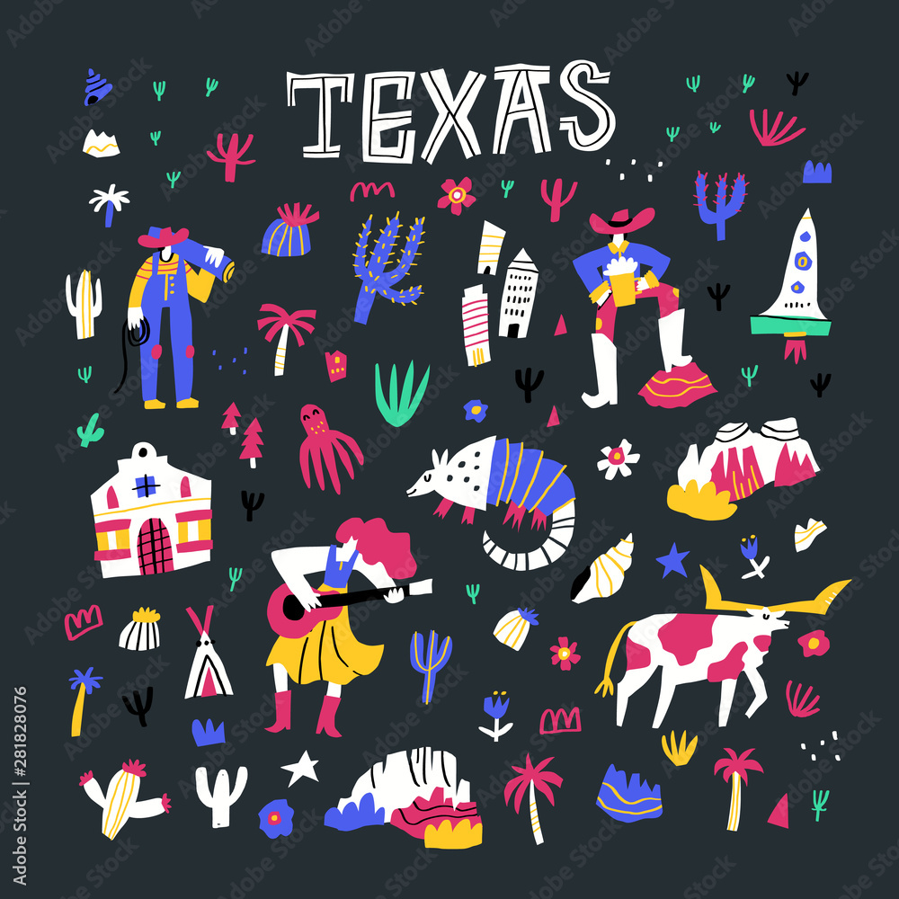 Texas comic flat hand drawn vector illustrations set. Wild west cartoon ...